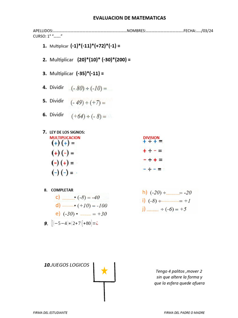 EVAL-MAT NUMEROS ENTEROS | PDF
