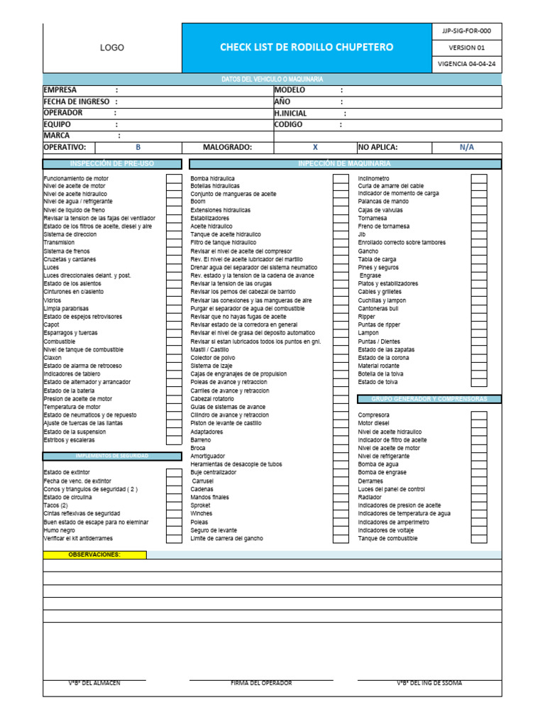 Check list RODILLO CHUPETERO | PDF | Microsoft Excel | Tecnología de ...