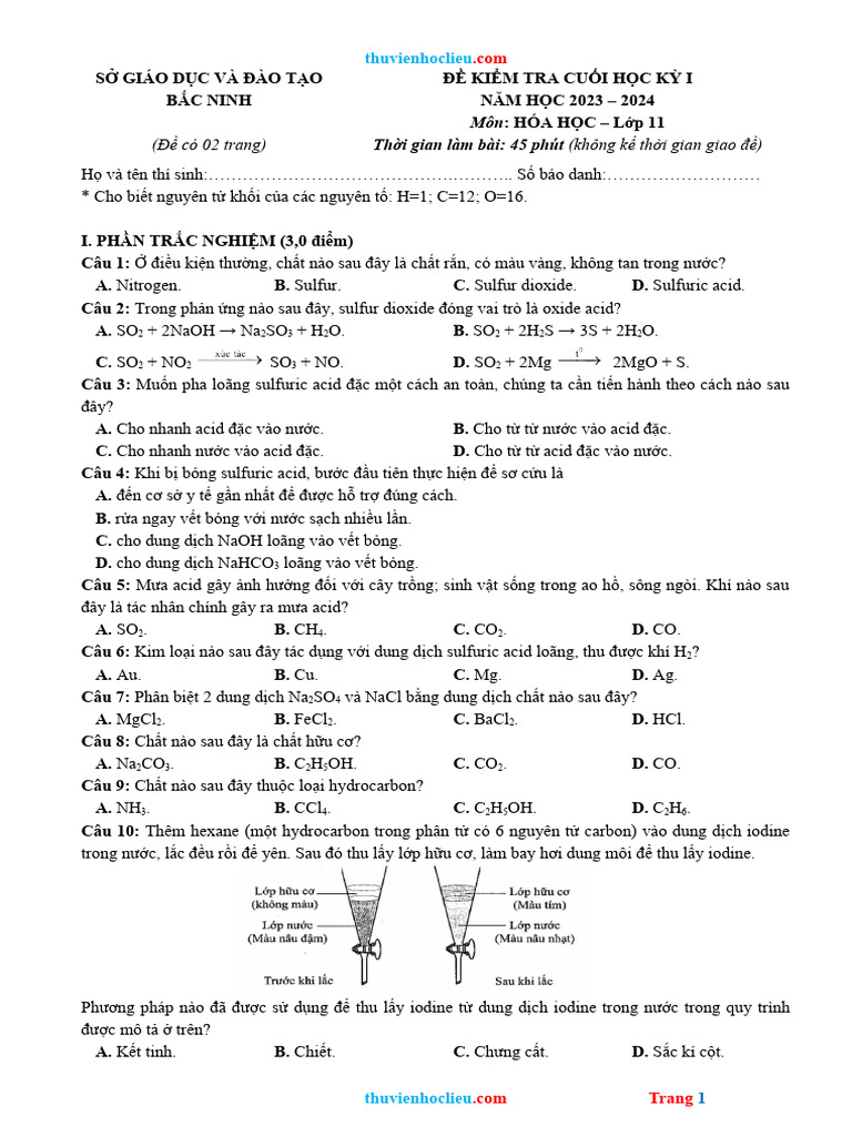 De Thi HK1 Hoa 11 So GD Bac Ninh 23 24 | PDF