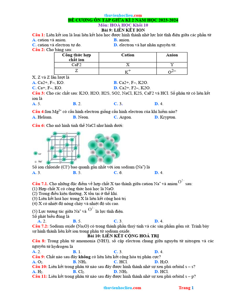 De Cuong On Tap Giua HK2 Hoa 10 CTST 23 24 | PDF