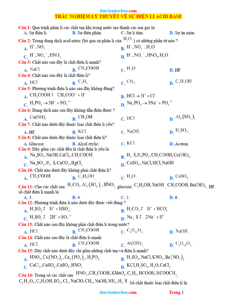 Trac Nghiem Ly Thuyet Su Dien Li Acid Va Base Hoa Lop 11 Hay | PDF