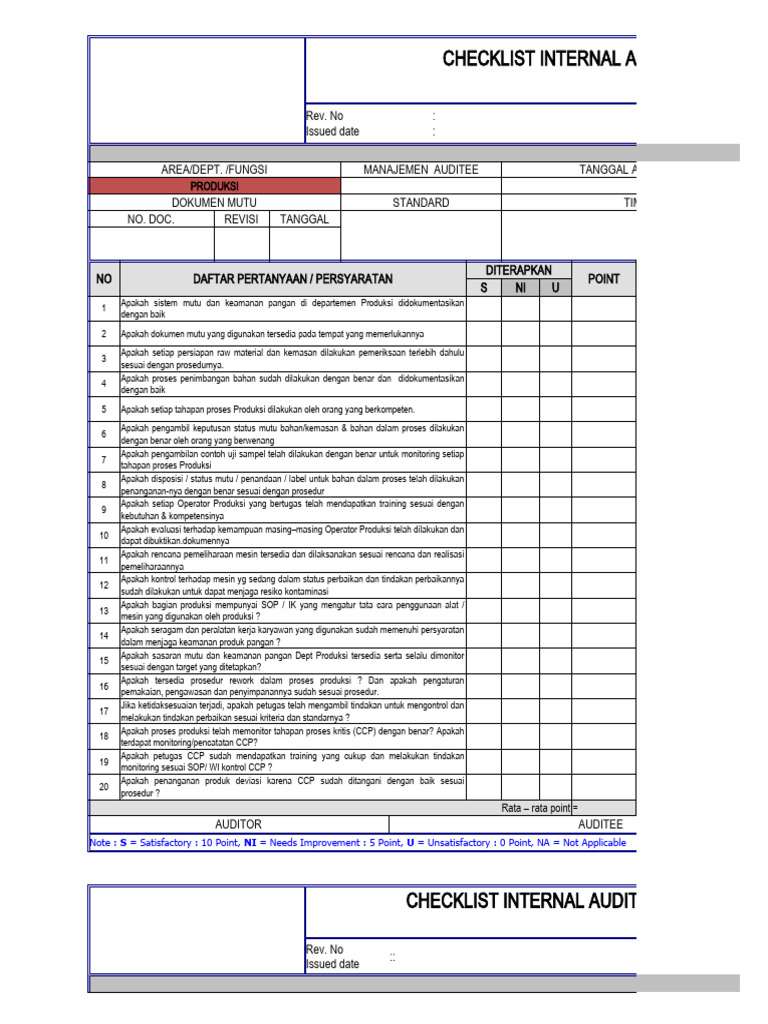 Checklist Audit Internal 2022 - ISO22K2018 Rev 01 - Mar23 | PDF