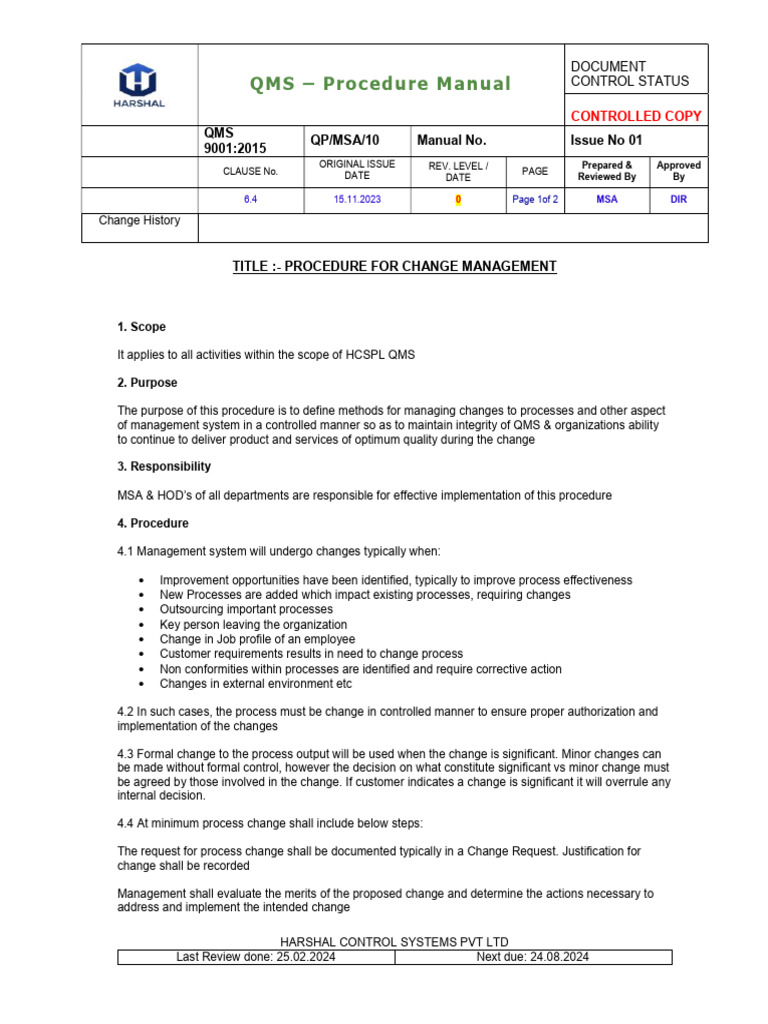 Change Management Procedure | PDF | Quality Management System | Business