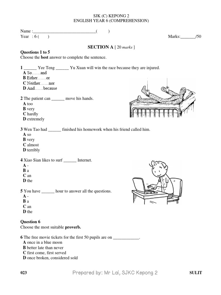 Year 6 English Comprehension Test | PDF