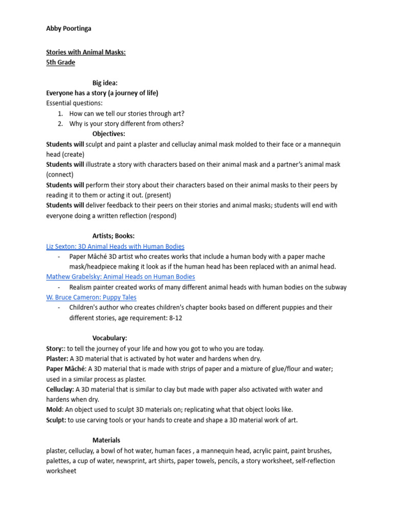 Abby Poortinga 3-5 Lesson Plan Card | PDF | Plaster