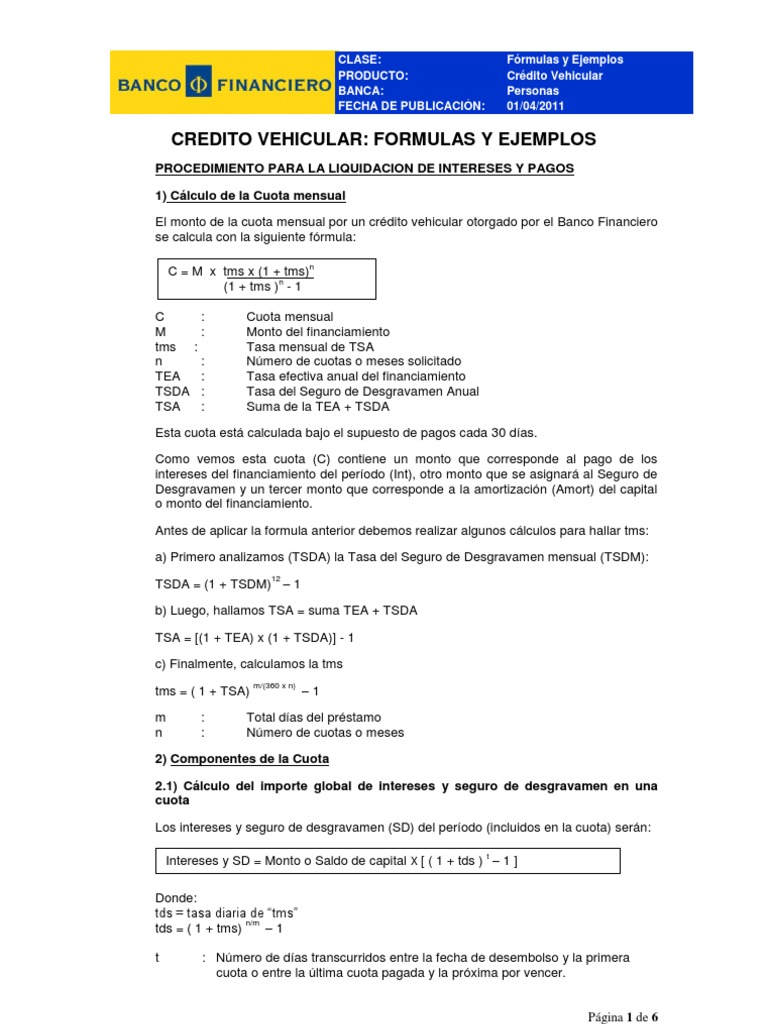 7 Formulas Ejemplos Credito Vehicular 01-04 Vig | PDF | Amortización ...