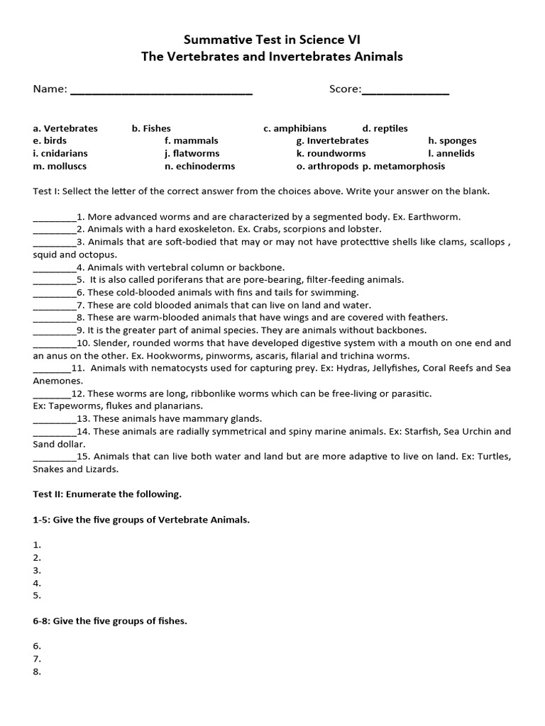 Summative Test in Science VI | PDF | Invertebrate | Biology