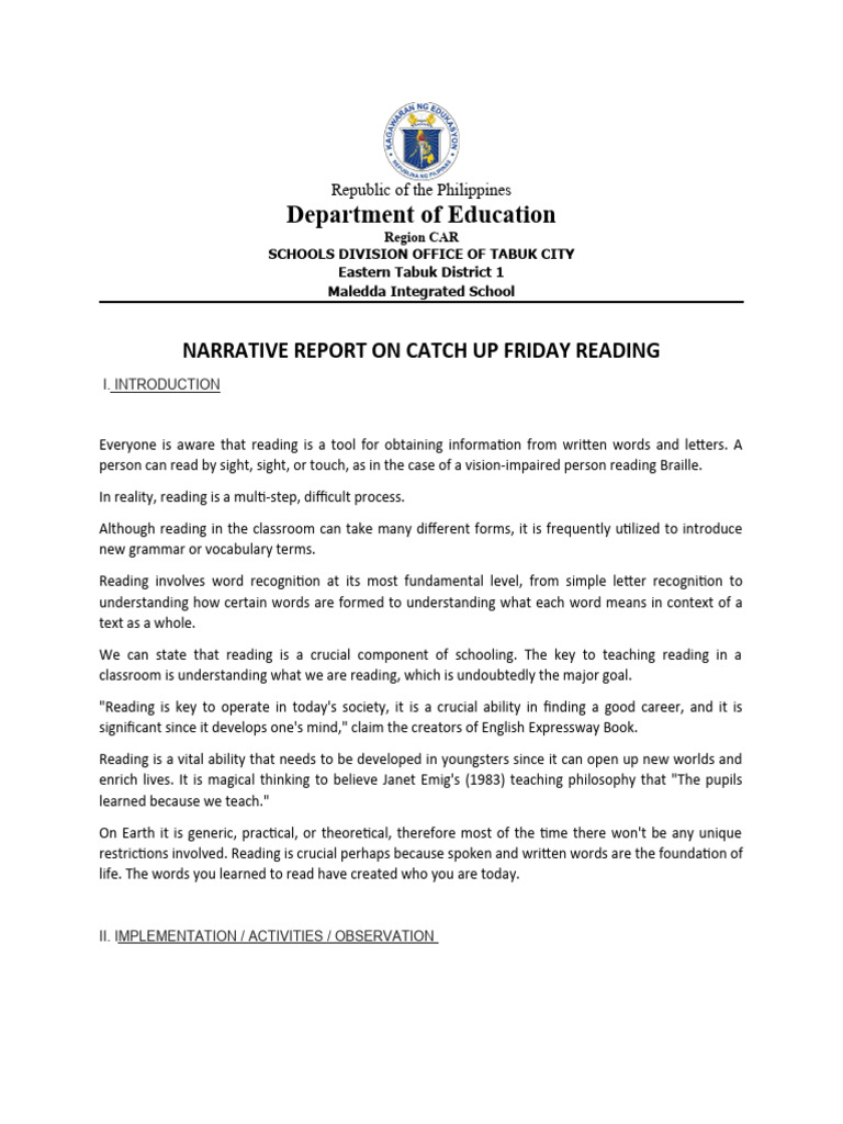Narrative Report On Catch Up Friday Reading | PDF | Teachers | Reading ...