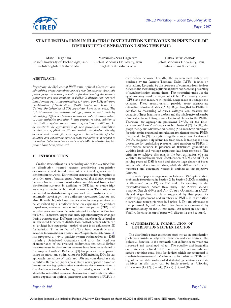 State Estimation in Electric Distribution Networks in Presence of Distributed Generation Using ...