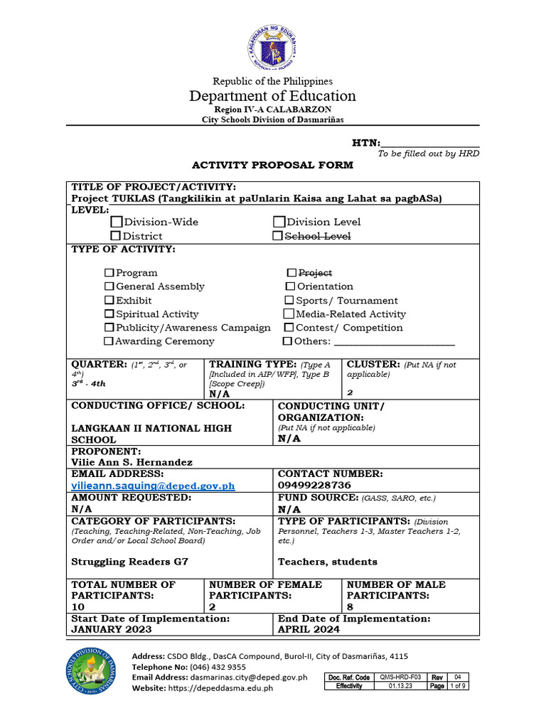 FILIPINO - DQMS-HRD-F03-Activity-Proposal-Form | PDF | Written ...