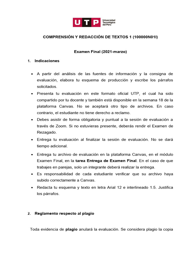 100000N01I COMPRENSIÓN Y REDACCIÓN DE TEXTOS 1-EXAMEN FINAL (Formato Oficial UTP) (1) - 2 | PDF ...