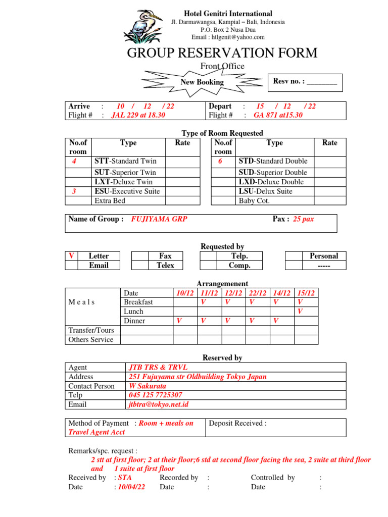 Group Reservation Form for Hotel Genitri | PDF | Eating Behaviors Of ...
