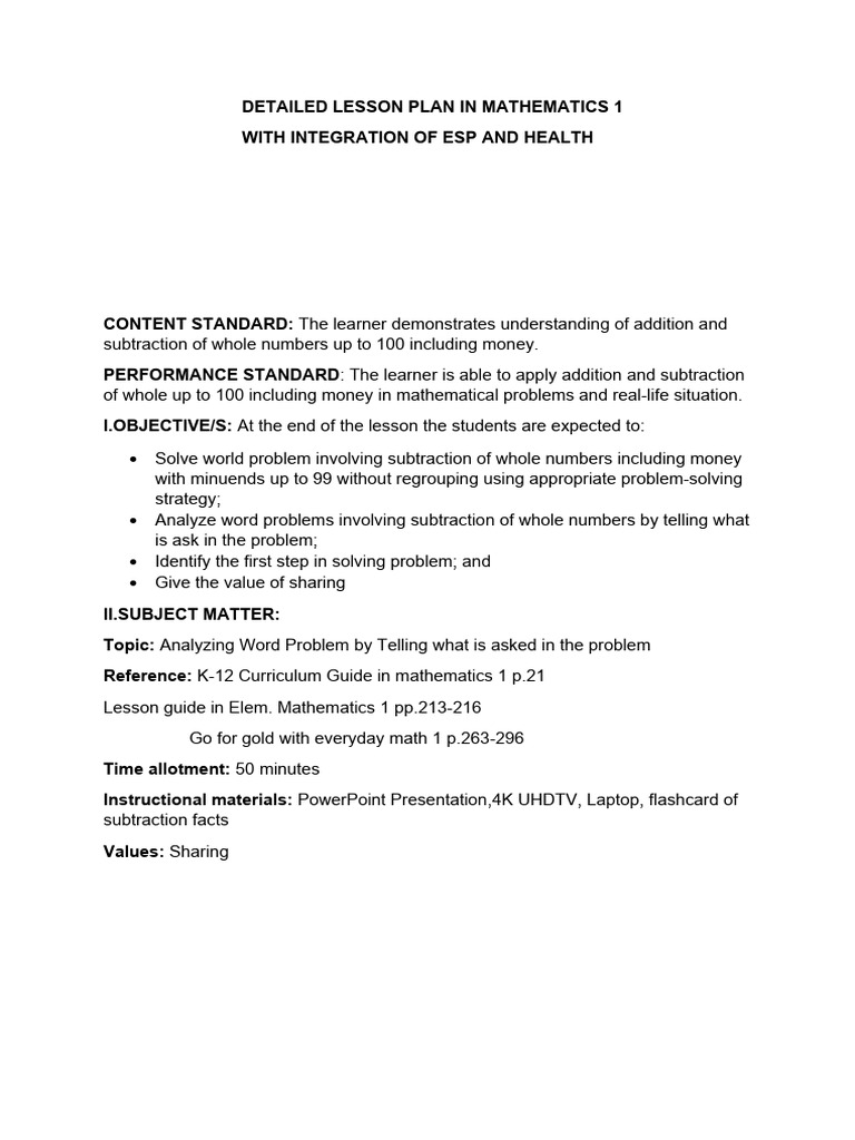 Math Lesson Plan: Subtraction Skills | PDF | Mathematics | Lesson Plan