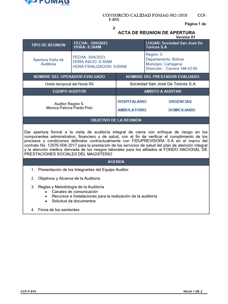 Acta de Reunion de Apertura | PDF | Auditoría