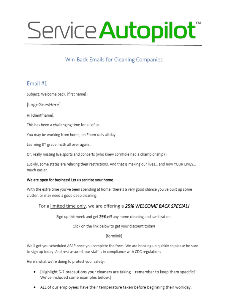 Win Back Campaign For Cleaning Companies | PDF | Career & Growth