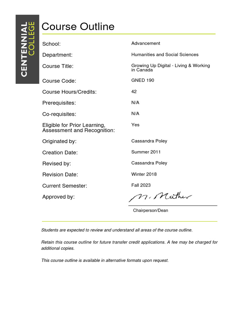 Growing Up Digital-Living & WK - GNED 190 Course Outline | PDF ...