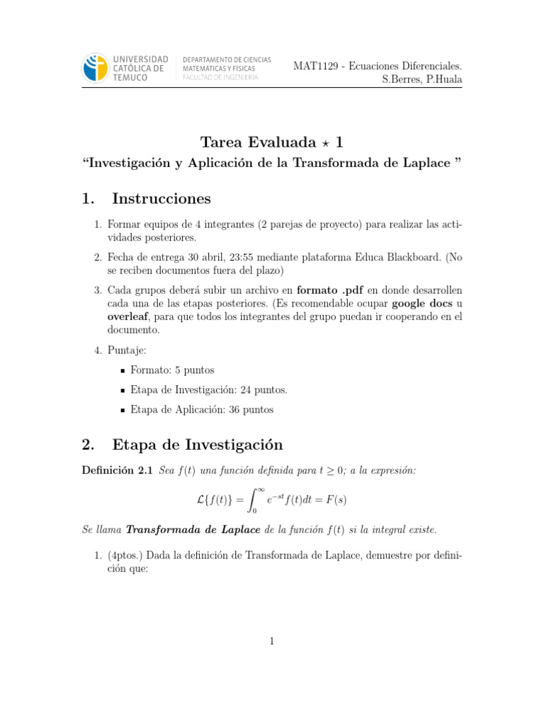 MAT1129 - Tarea 1 | PDF | Transformada de Laplace | Análisis matemático
