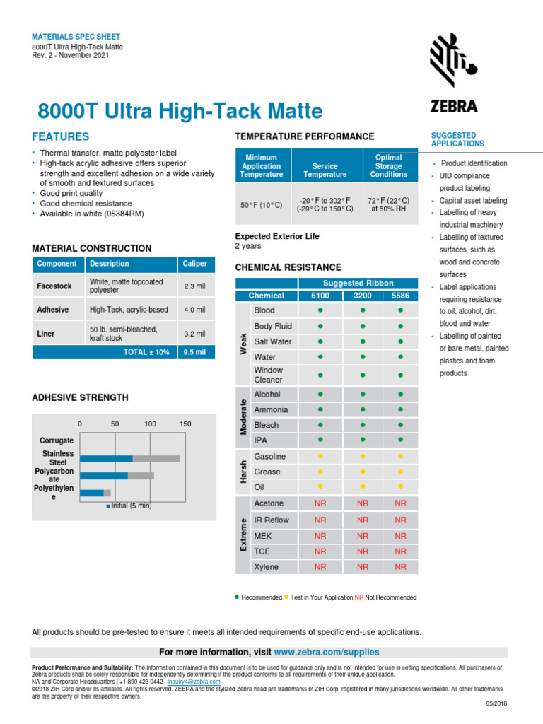 8000T Ultra High-Tack Matte Label Specs | PDF | Materials | Secondary ...