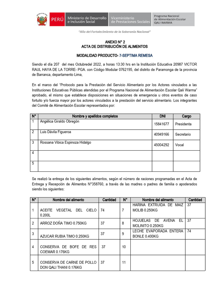 Anexo 2 Acta de distribución de alimentos- 3ERA REMESA | PDF ... Anexo 2 Acta de distribución de alimentos- 3ERA REMESA | PDF ...
