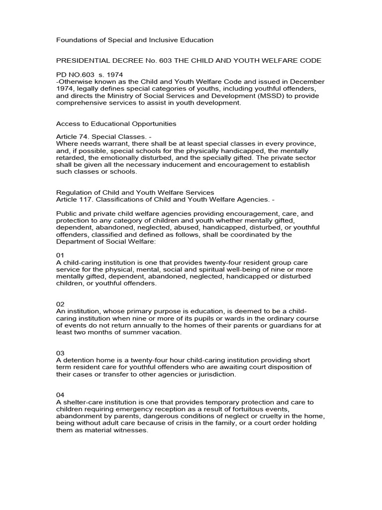 The Child and Youth Welfare Code | PDF | Intellectual Disability ...