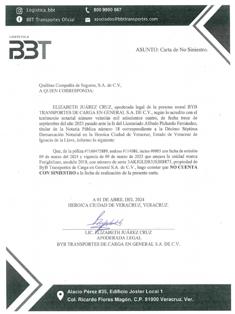 Carta de No Siniestro 8873 | PDF