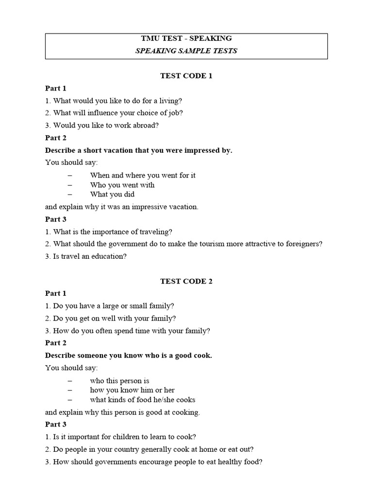 Tmu Test - 10 Speaking Sample Tests For Practice (Ta2) | PDF | Restaurants