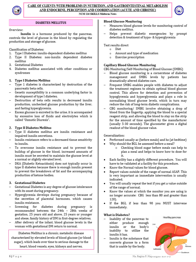 NCM 116 Skills - Midterm Notes | PDF | Diabetes | Hyperglycemia