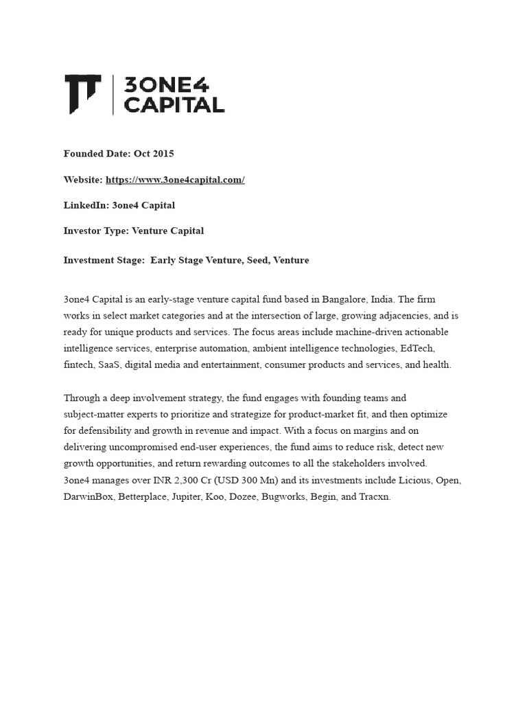 3one4 Capital | PDF | Venture Capital | Corporate Finance