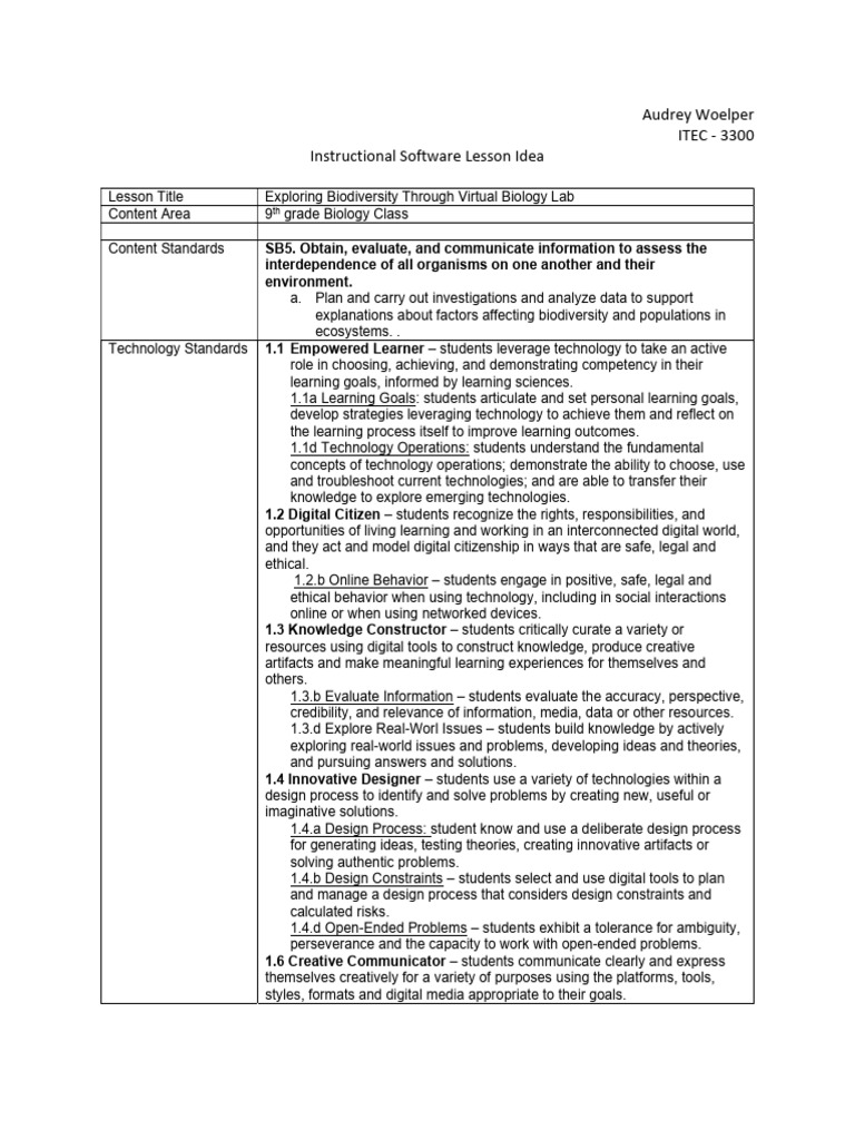Biodiversity Virtual Lab Lesson Plan | PDF | Learning | Simulation