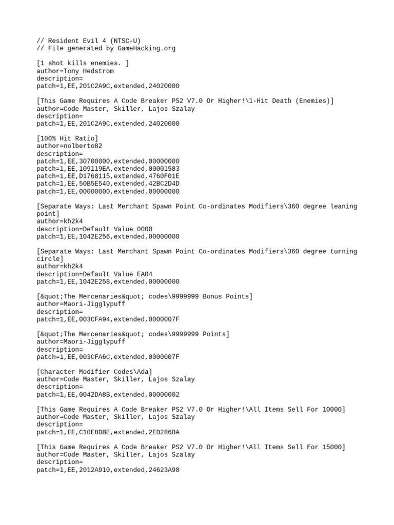 Resident Evil 4 (NTSC-U) .Pnach | PDF | Teaching Methods & Materials ...