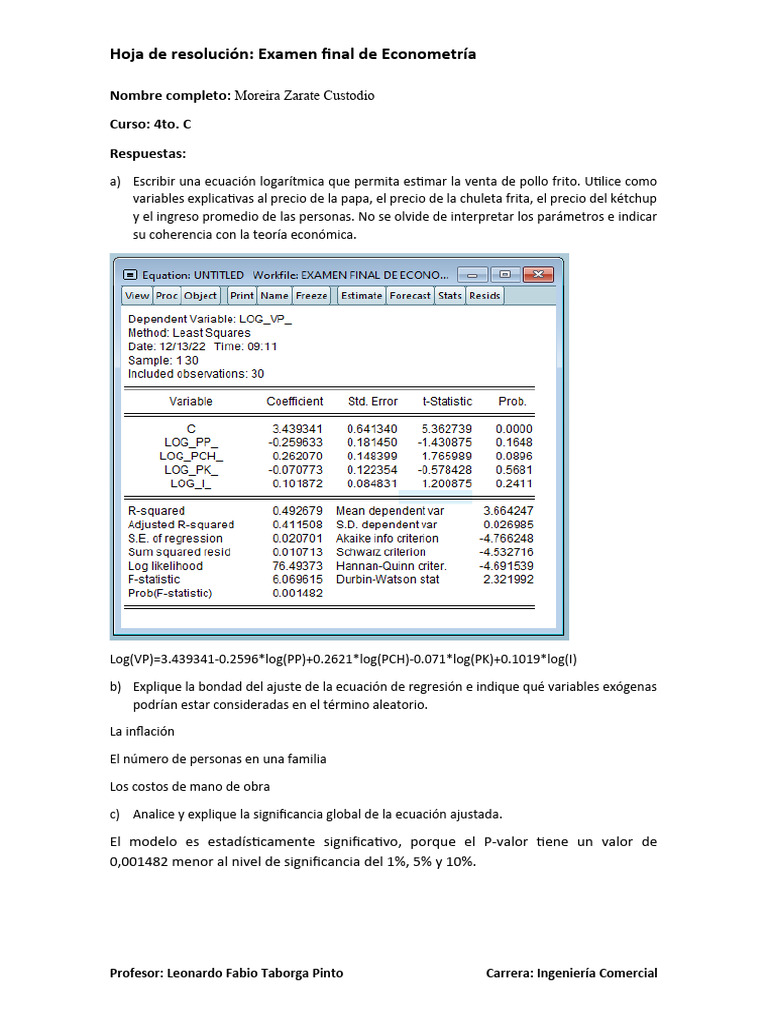 Examen Final Econometría | PDF | Econometría | Valor P
