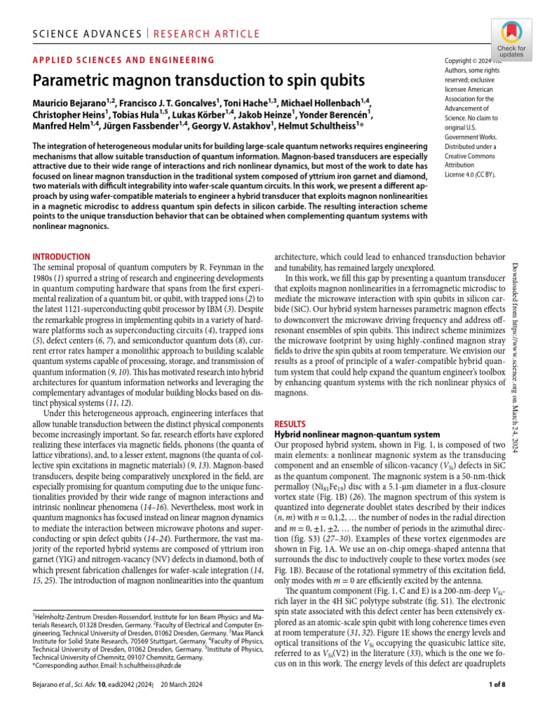 Parametric Magnon Transduction To Spin Qubits | PDF | Condensed Matter Physics | Electromagnetism