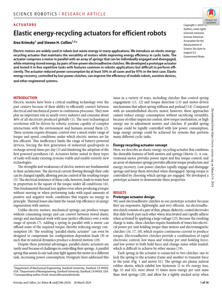 Elastic Energy-Recycling Actuators For Efficient Robots | PDF | Electric Motor | Actuator