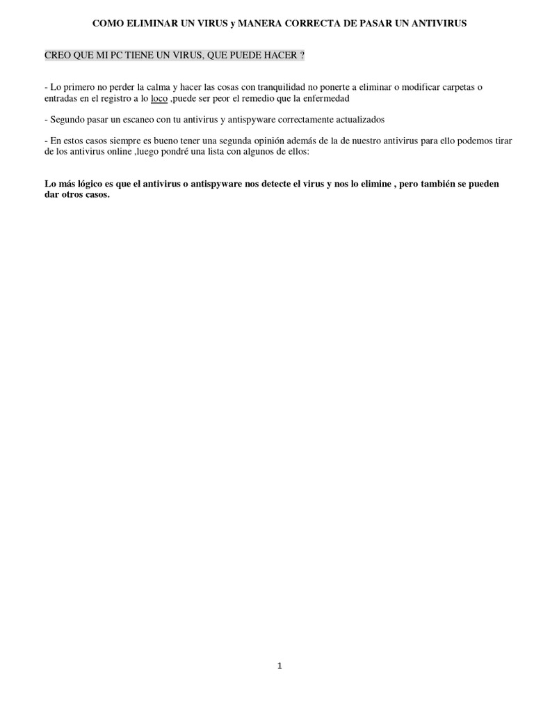COMO ELIMINAR UN VIRUS y MANERA CORRECTA DE PASAR UN ANTIVIRUS | PDF ...
