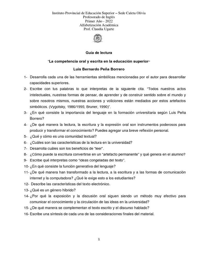 Guía de Lectura - La Competencia Oral y Escrita en La Universidad | PDF