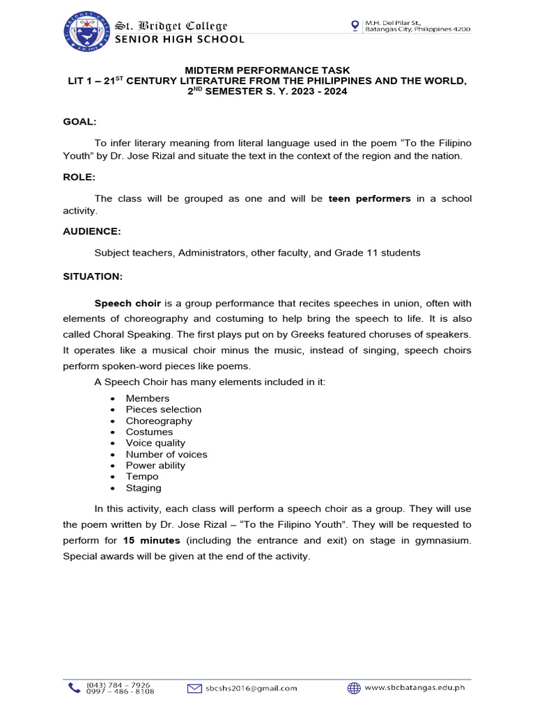 LIT 1 Midterm Performance Task | PDF | Choir