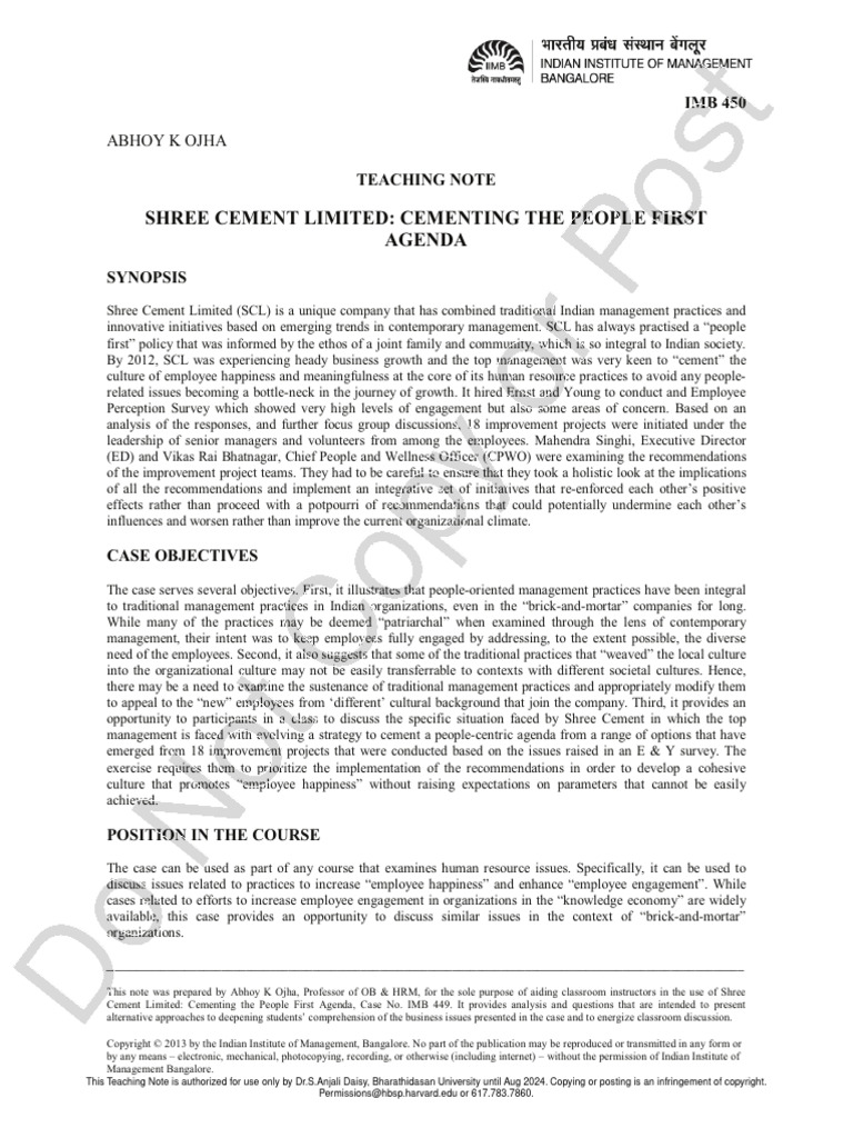 Shree Cement Limited - Cementing The People First Agenda, Teaching Note | PDF | Employment ...
