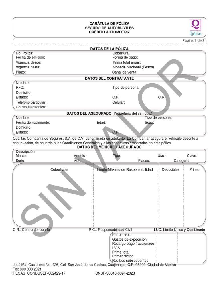 Carátula - Pol - QUÁLITAS - VF 10032024 | PDF | Póliza de seguros | Seguro