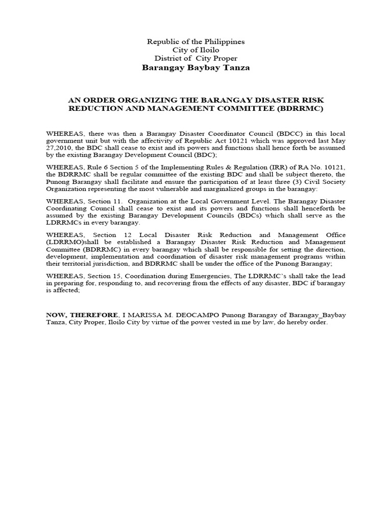 Template For EO On Organizing BDRRMC - Docx2024 | PDF | Emergency Management | Natural Disasters