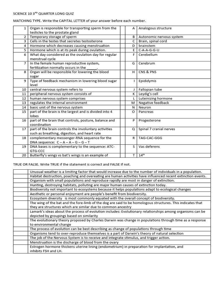 Science 10 3rd Quarter Long Quiz | Download Free PDF | Central Nervous System | Nervous System