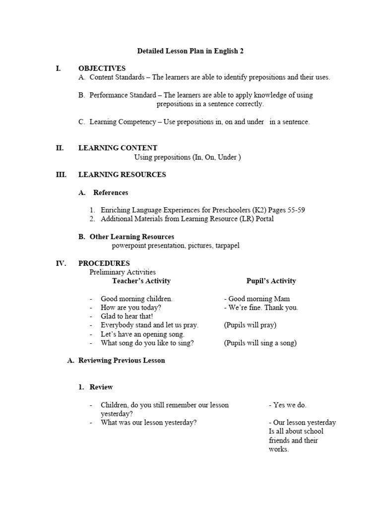 Detailed Lesson Plan in English 2 | PDF | Lesson Plan | Preposition And ...