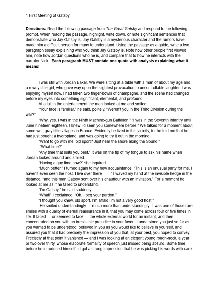 The Great Gatsby Chapter 3 Writing Practice | PDF