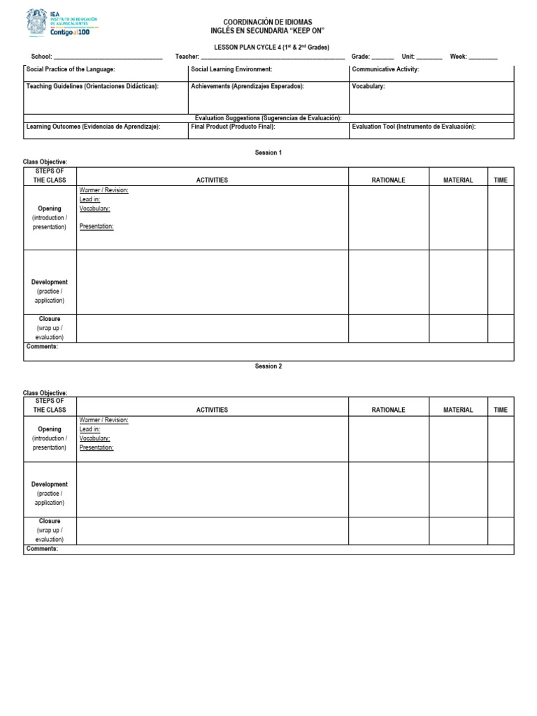 Formato Lesson Plan 1°& 2° Secundaria 2019-2020 | PDF | Lesson Plan ...