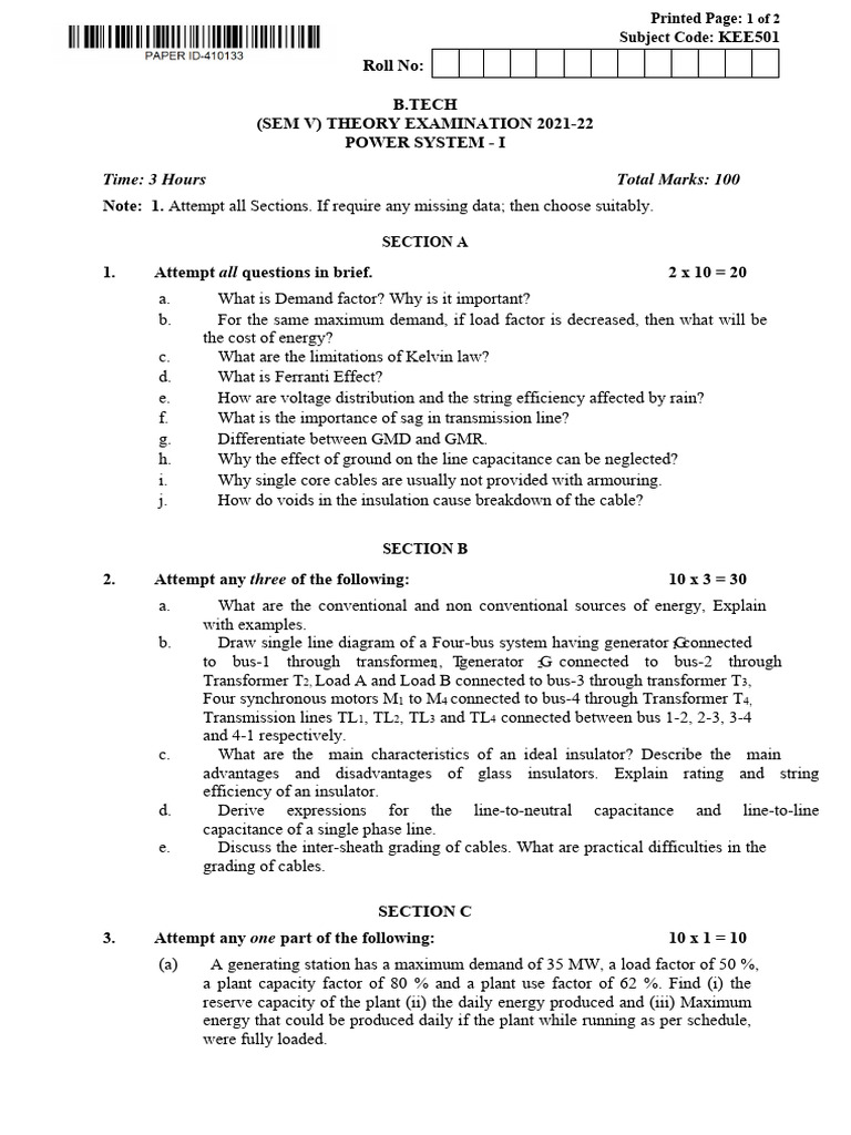 Btech Ee 5 Sem Power System 1 Kee501 2022 | PDF | Electric Power ... Btech Ee 5 Sem Power System 1 Kee501 2022 | PDF | Electric Power ...
