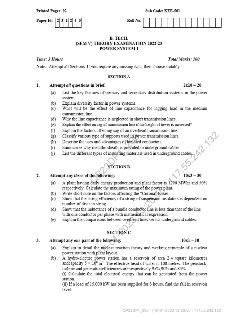 Btech Ee 5 Sem Power System 1 Kee501 2023 | PDF | Electric Power ...