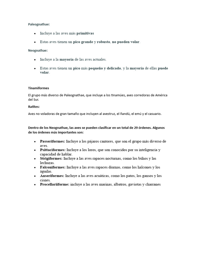 Clasificación de Aves: Paleognathae y Neognathae | PDF