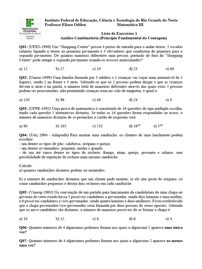 Lista de Exercício 1 - Análise Combinatória (PFC) | PDF