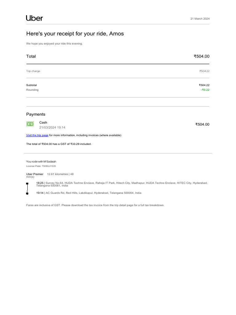 Uber Ride Receipt for March 21, 2024 | PDF
