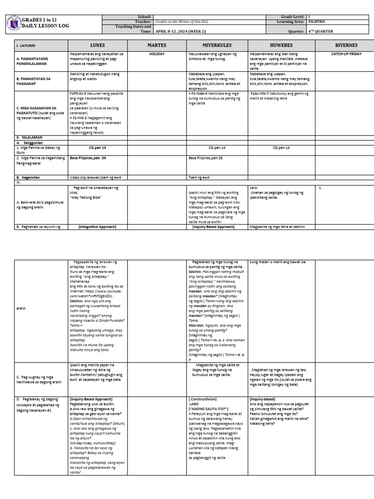DLL Filipino 1 q4 w2 | PDF
