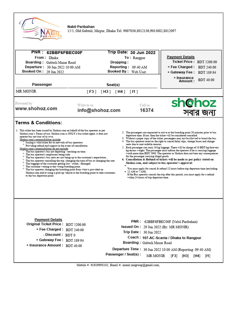 Nabil Paribahan Bus Ticket Details | PDF | Bus | Fee